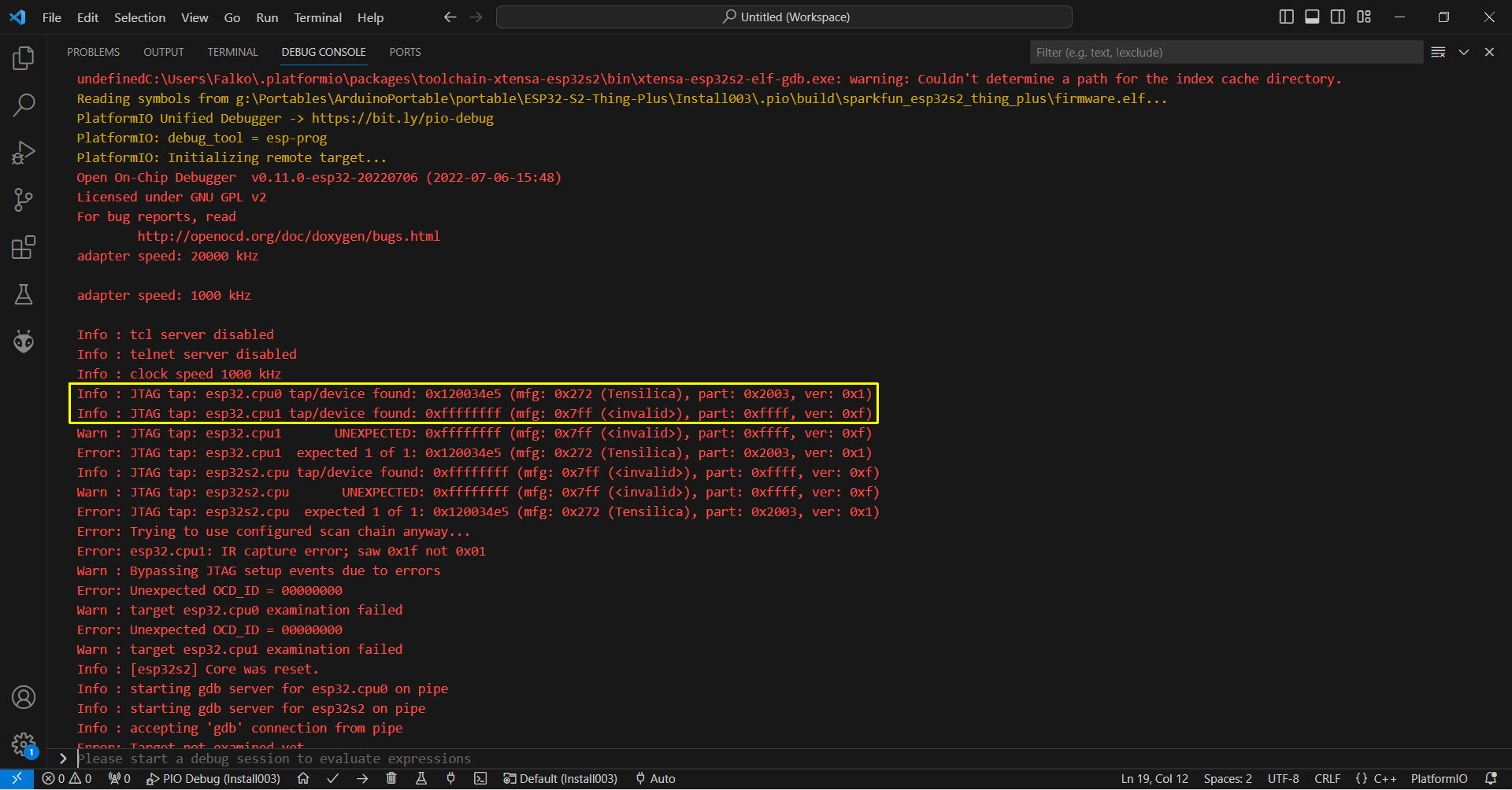 Problem Starting Debug Session On A SparkFun ESP32 S2 Thing Plus
