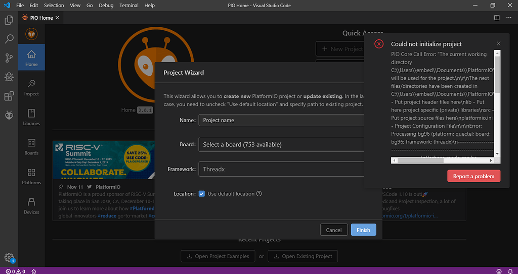 Error While Creating Project Using The Platformio Platformio Ide Platformio Community