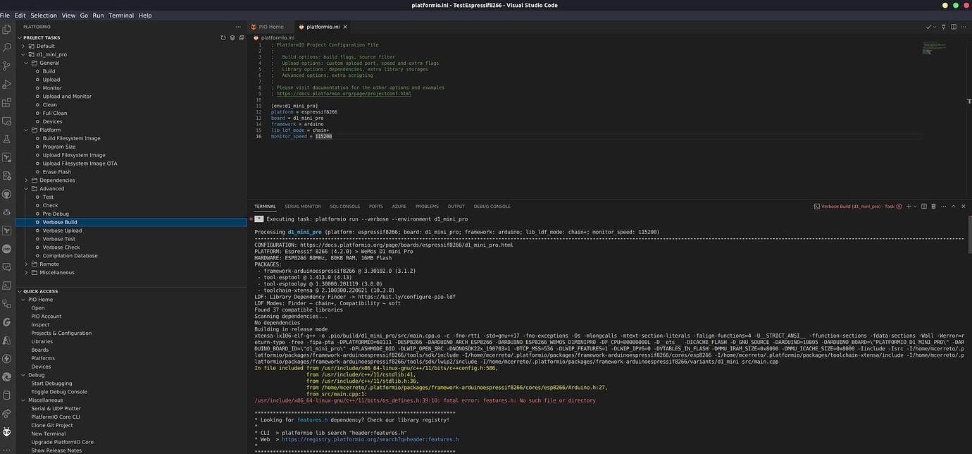 Espressif8266 Platform Arduino Framework And Stdlib Fatal Error Featuresh No Such File Or