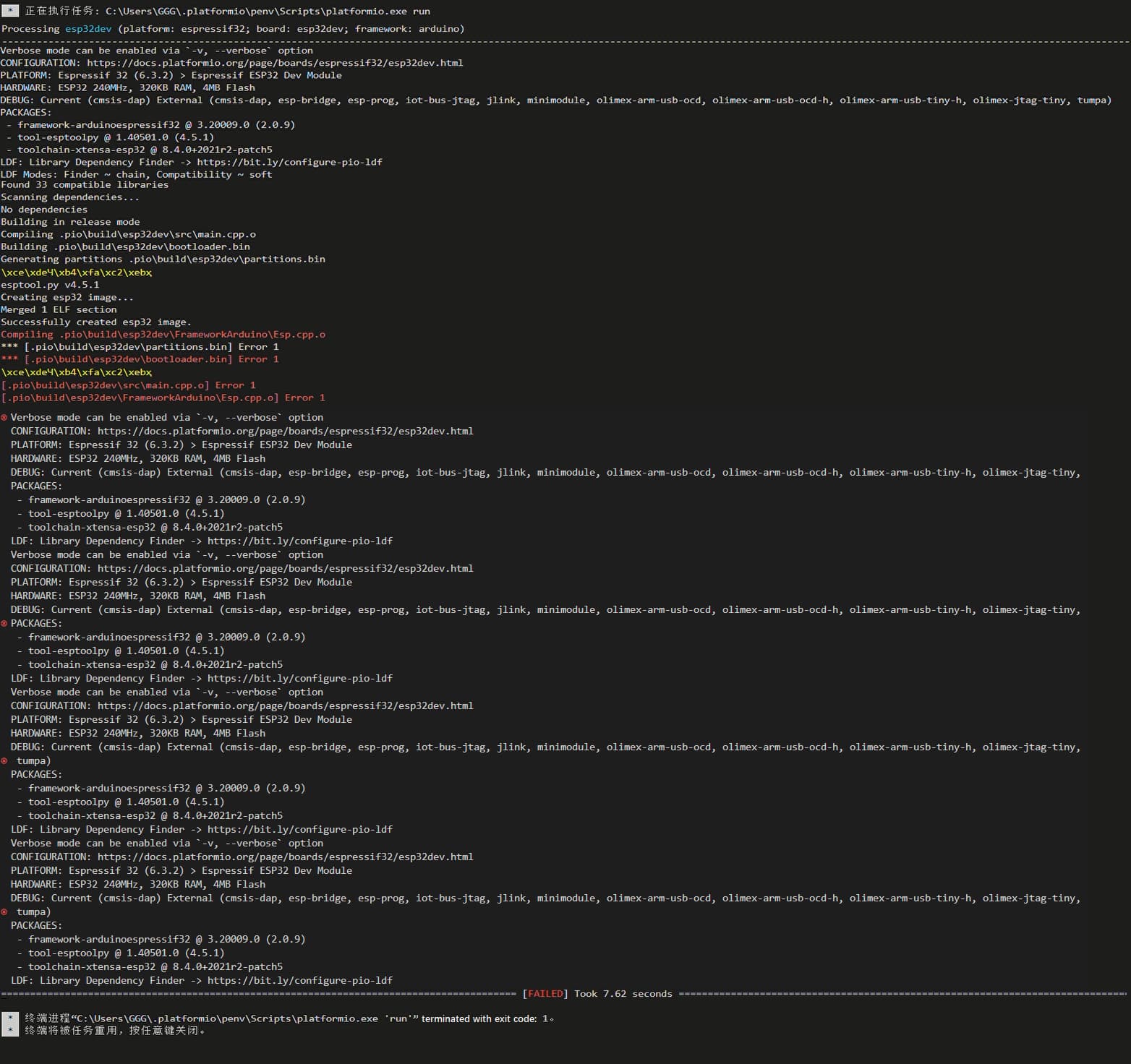 Errors Occurred While Compiling “partitionsbin” And “esp32cpp0” Development Platforms 
